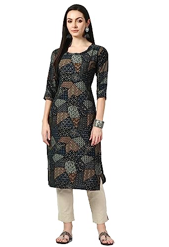 Lagi Women Round Neck 3/4 Sleeves Gold Foil Print Rayon Kurti, Grey (XL)