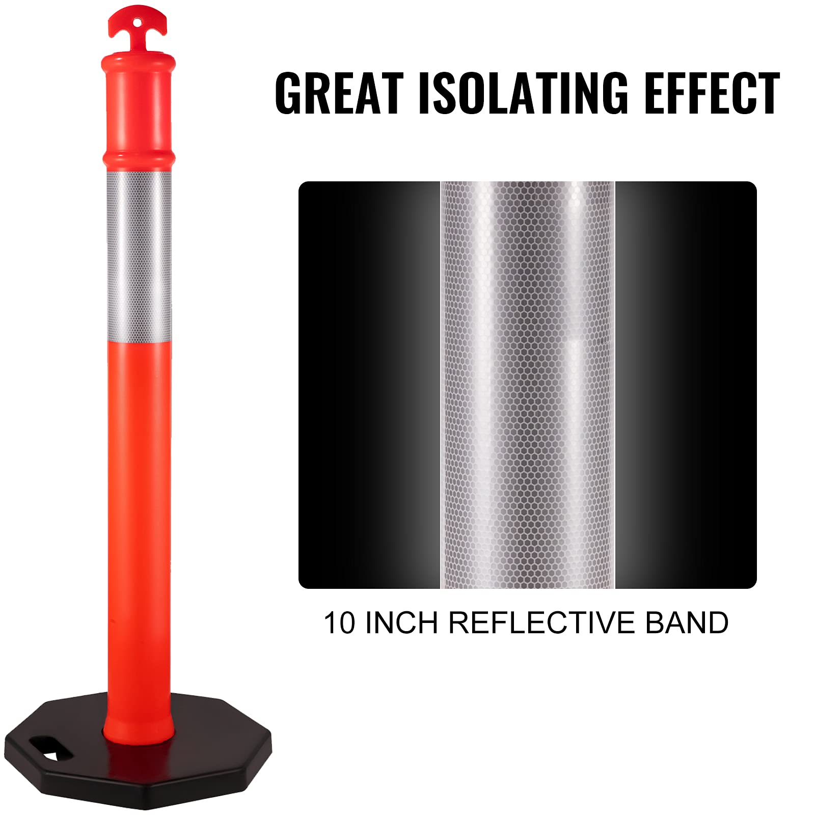 VEVOR 12Pack Traffic Delineator Posts 44 Inch Height, Channelizer Cones Post Kit 10 inch Reflective Band, Delineators Post with Rubber Base 16 inch for Construction Sites, Facility Management etc