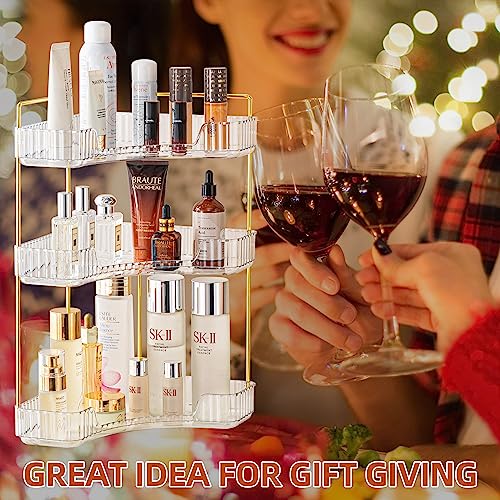 YCIA&DONE Corner Counter Bathroom Organizer Countertop, 3 Tiers Cosmetic Perfume Tray, Vanity Organizer for Makeup, Skincare, Clear Corner Rack for Bedroom, Bathroom, Kitchen(Clear White)