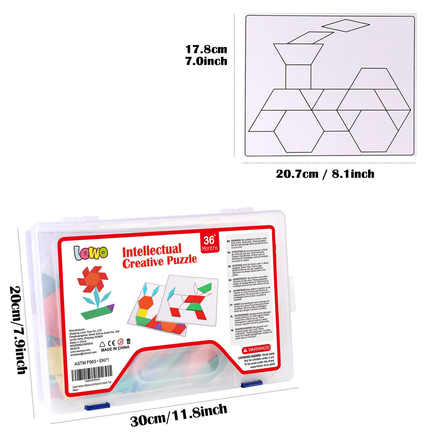 Lewo 203 PCS Pattern Blocks Set Activity Cards Wooden Geometric Shape Puzzles Tangrams Set Educational Toys for Kids