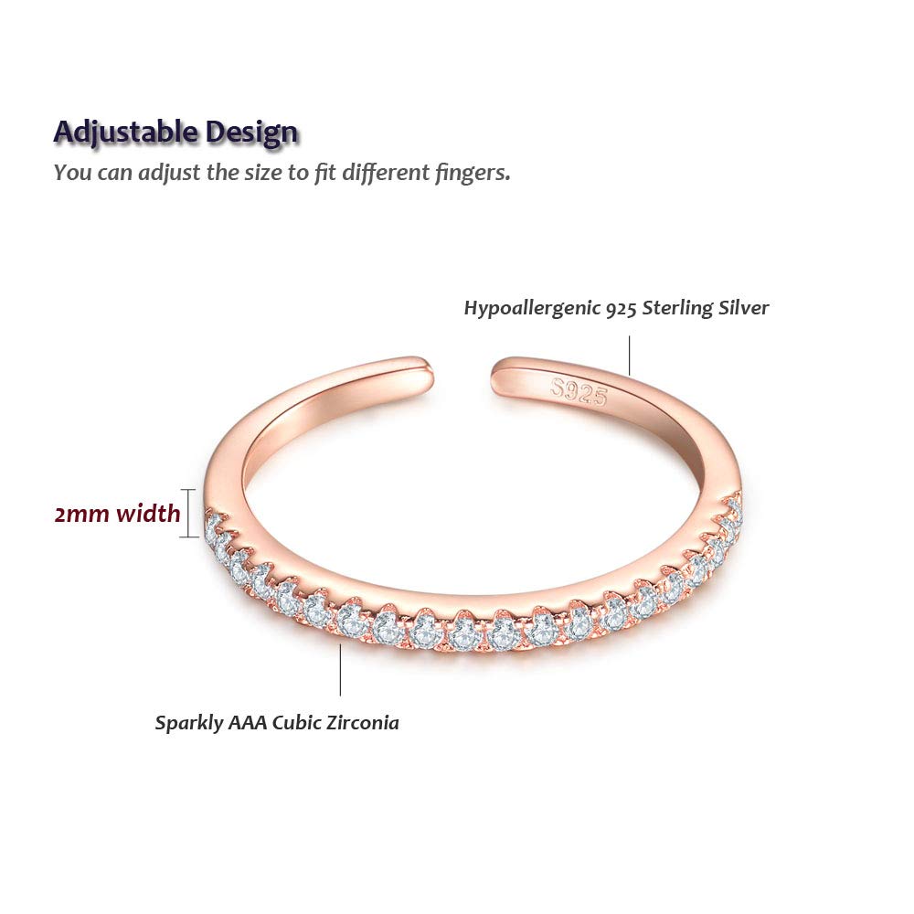 MASOP 2mm 14K Rose Gold Plated Sterling Silver Cubic Zirconia Adjustable Ring Half Eternity Stackable Open Rings Engagement Wedding Bands for Women