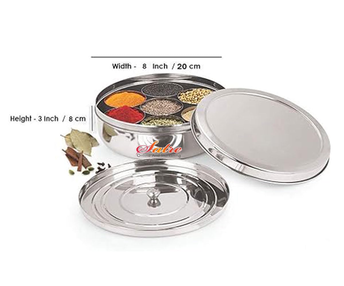 Satre Online and Marketing Stainless Steel Masala Box,Stainless Steel Spice Box,Spice Box with 7 Spice Containers, 2 Spoon With Lid,Spice box,Masala Box,Masala Dabba