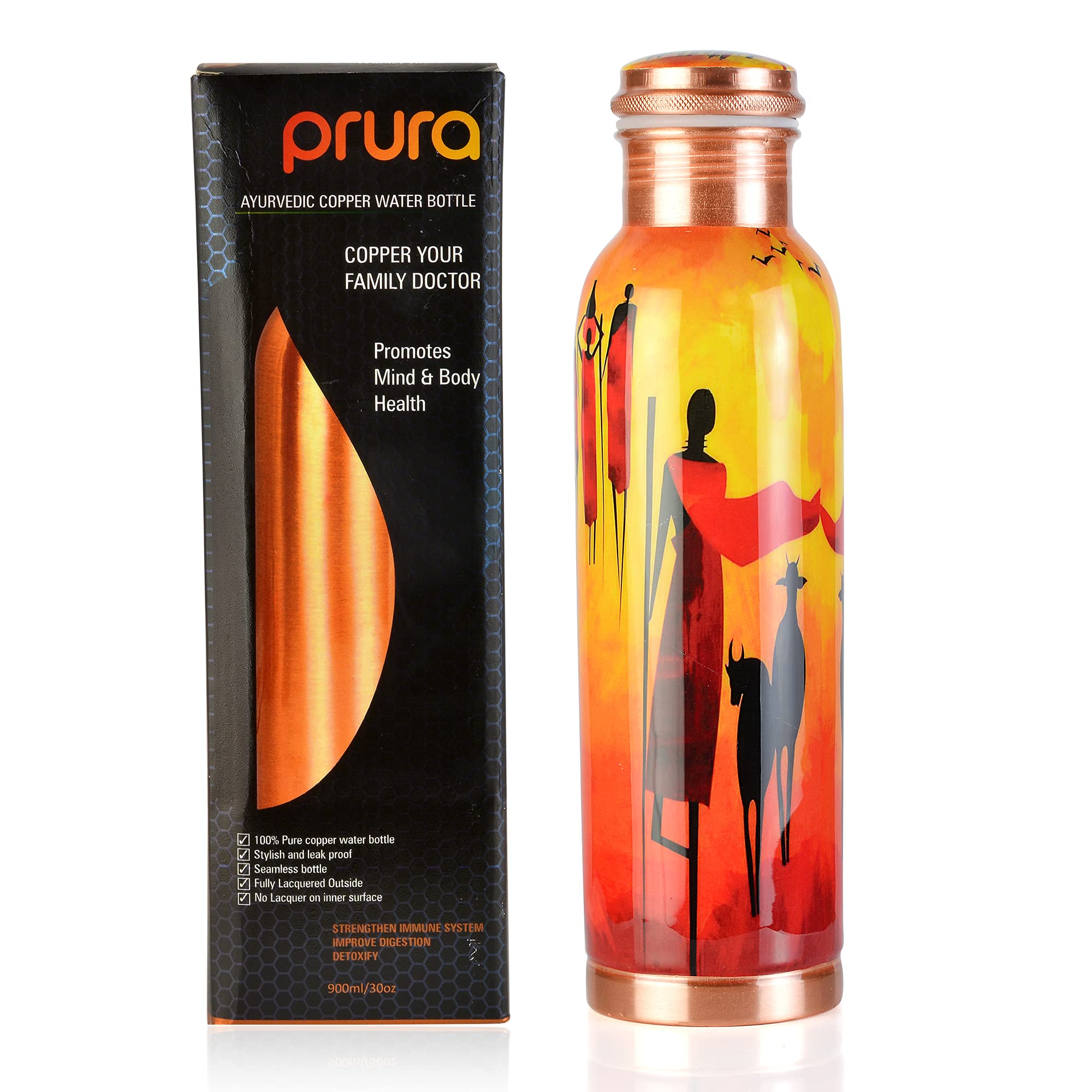 PRURA Pure Printed Copper Water Bottle - Leak Proof Ayurvedic Drinkware Copper Vessel for Sports, Gym, Outdoors, Yoga, Health Benefits (30 oz)