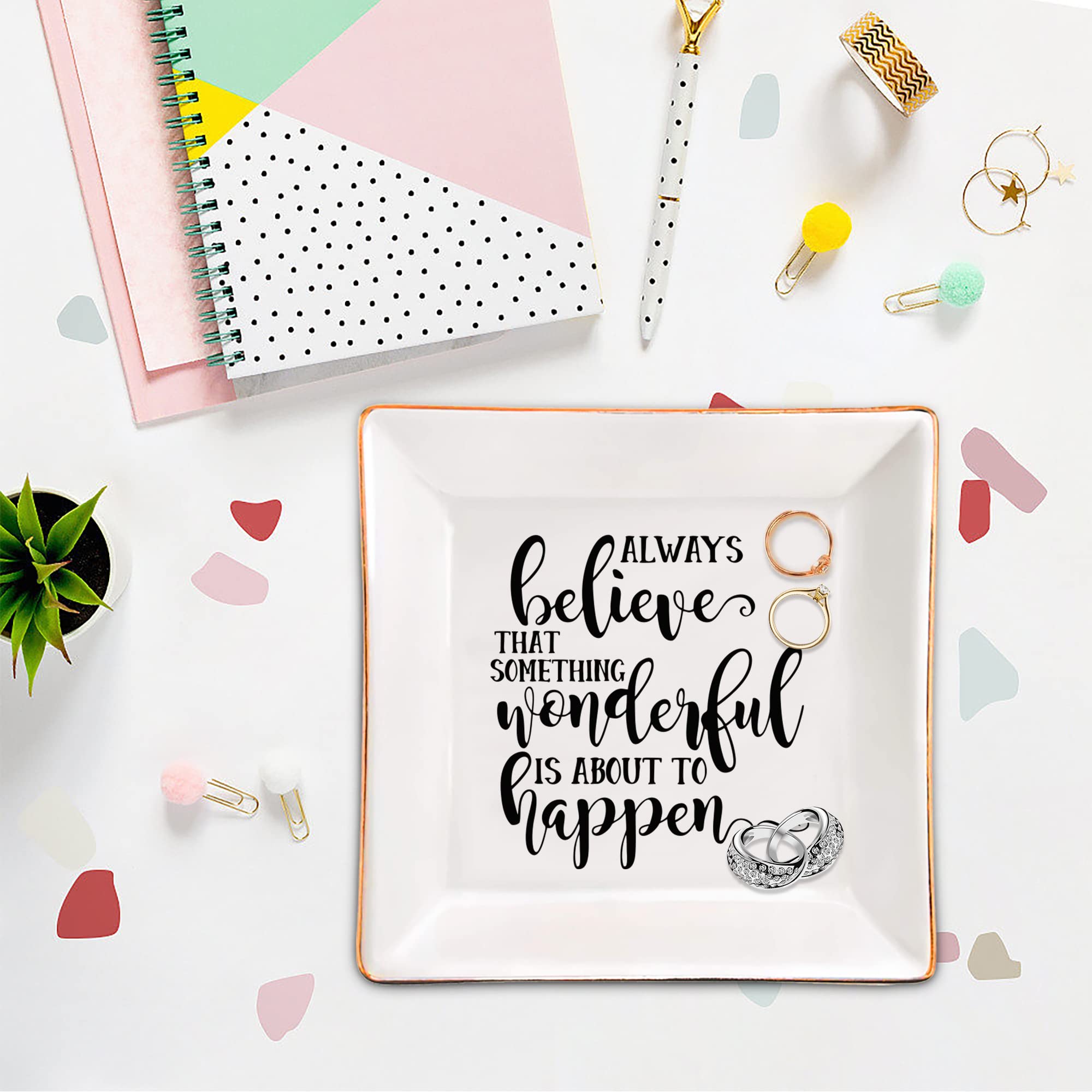 XJF Ring Ceramic Jewelry Trinket Dish - Always Believe that Something Wonderful is About to Happen