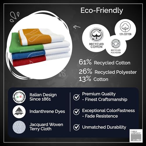 Premium Multi Purpose Kitchen Towels by Carlo Lamperti Italy (4 Pack) Restaurant-Grade Absorbent Terry-Tea Kitchen Towels Machine Washable Eco-Friendly Recycled Cotton Poly Durable Hanging Loop Asst