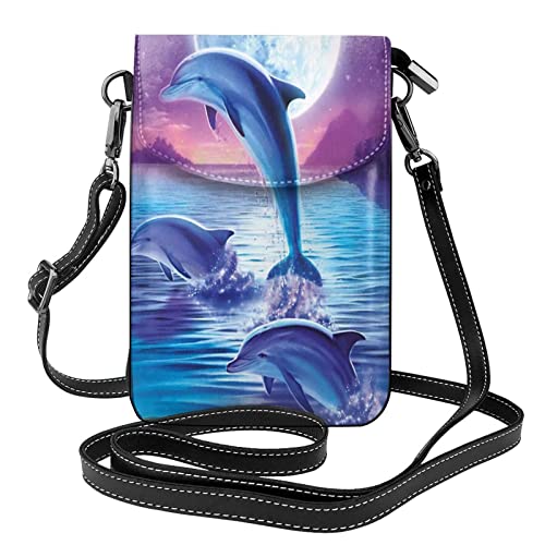 Small Crossbody Cell Phone Purse Wallet For Women Purple Sky Jumping Dolphin Shoulder Pouch
