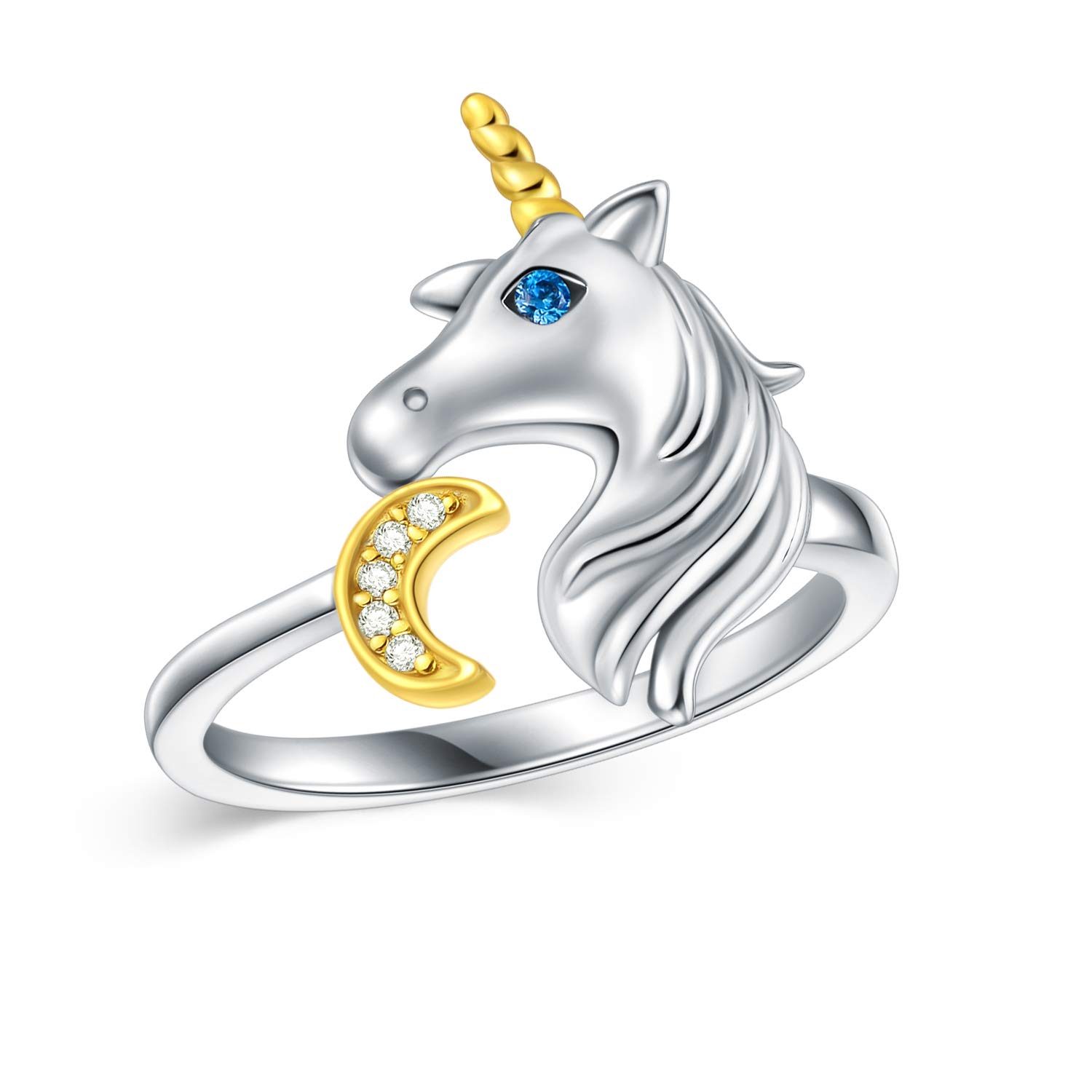 LONAGO Unicorn Ring with Moon Sterling Silver Unicorn Stacking Ring for Women (silver, 7)