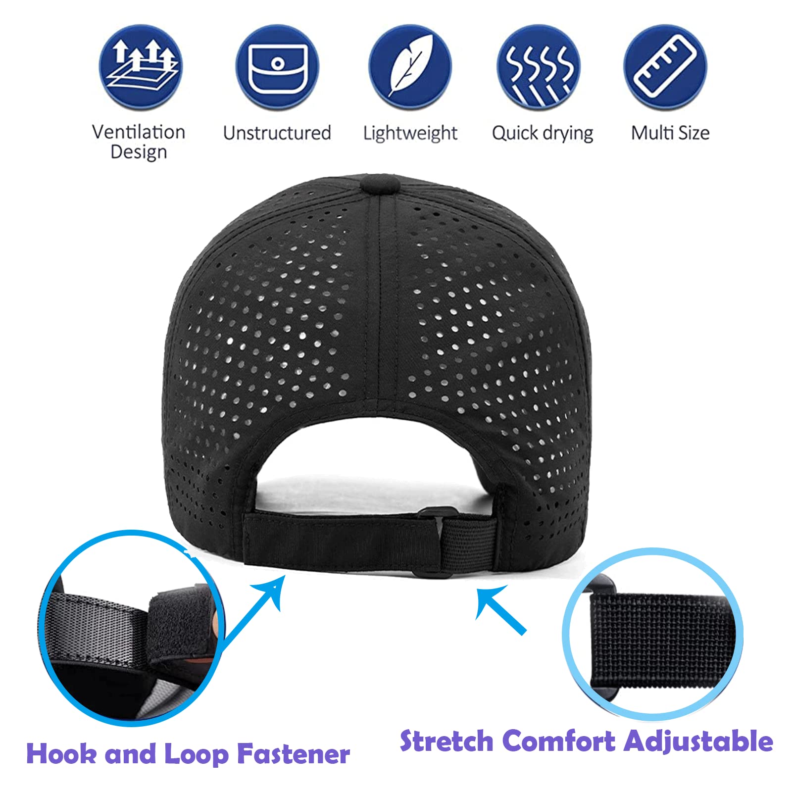PoKids Men Quick Dry Hat Oversize XL Men Women Baseball Hat Lightweight Mesh Hat Running Outdoor Sport Cap(23.3"-25.5") Black