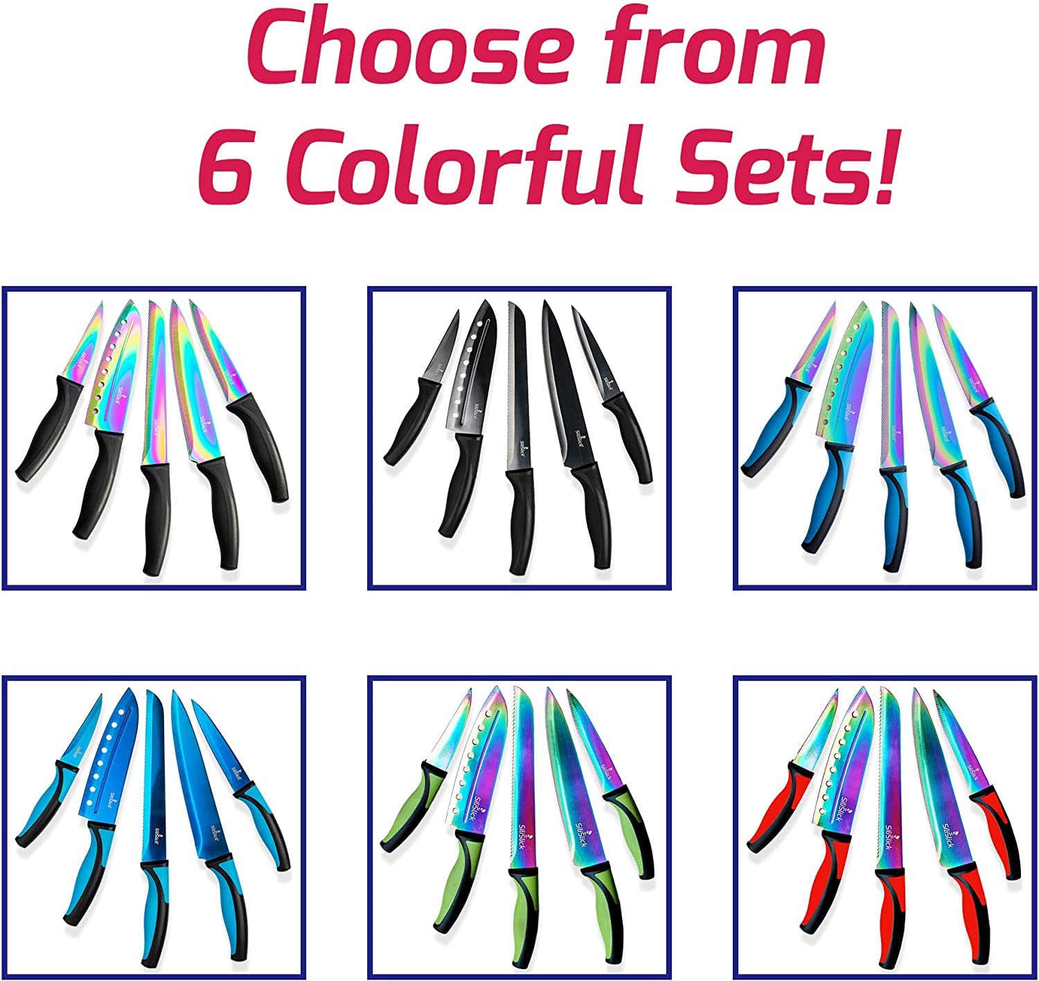 SiliSlick Kitchen Knife Set Professional, Titanium Coated Stainless Steel Blades, Dishwasher Safe, Safety Sheaths, 5 Knives