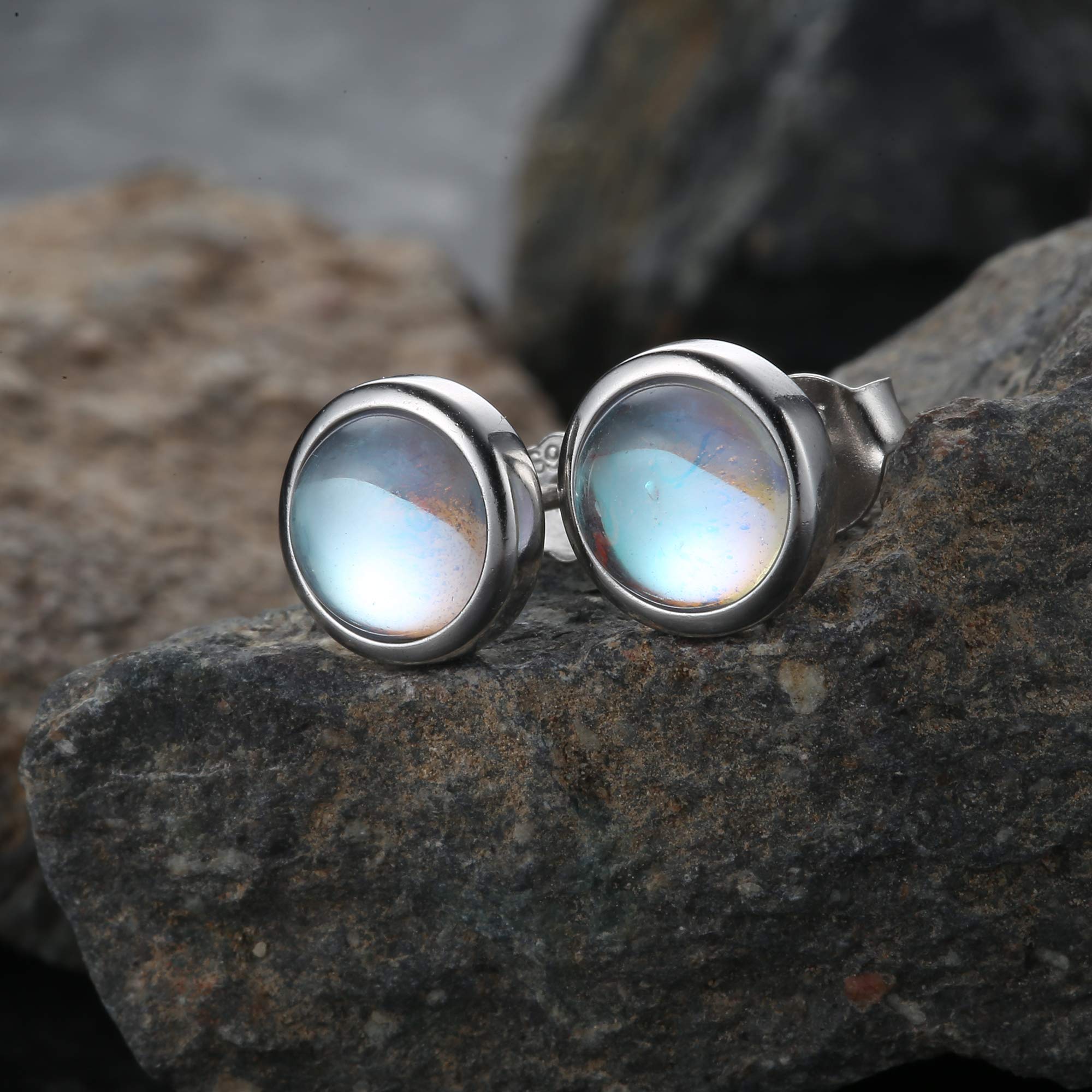Milacolato 925 Sterling Silver Moonstone Stud Earrings 14K Gold Plated Synthetic Round Shape Moonstone Stud Earrings Small Stud Earrings for Women 6MM