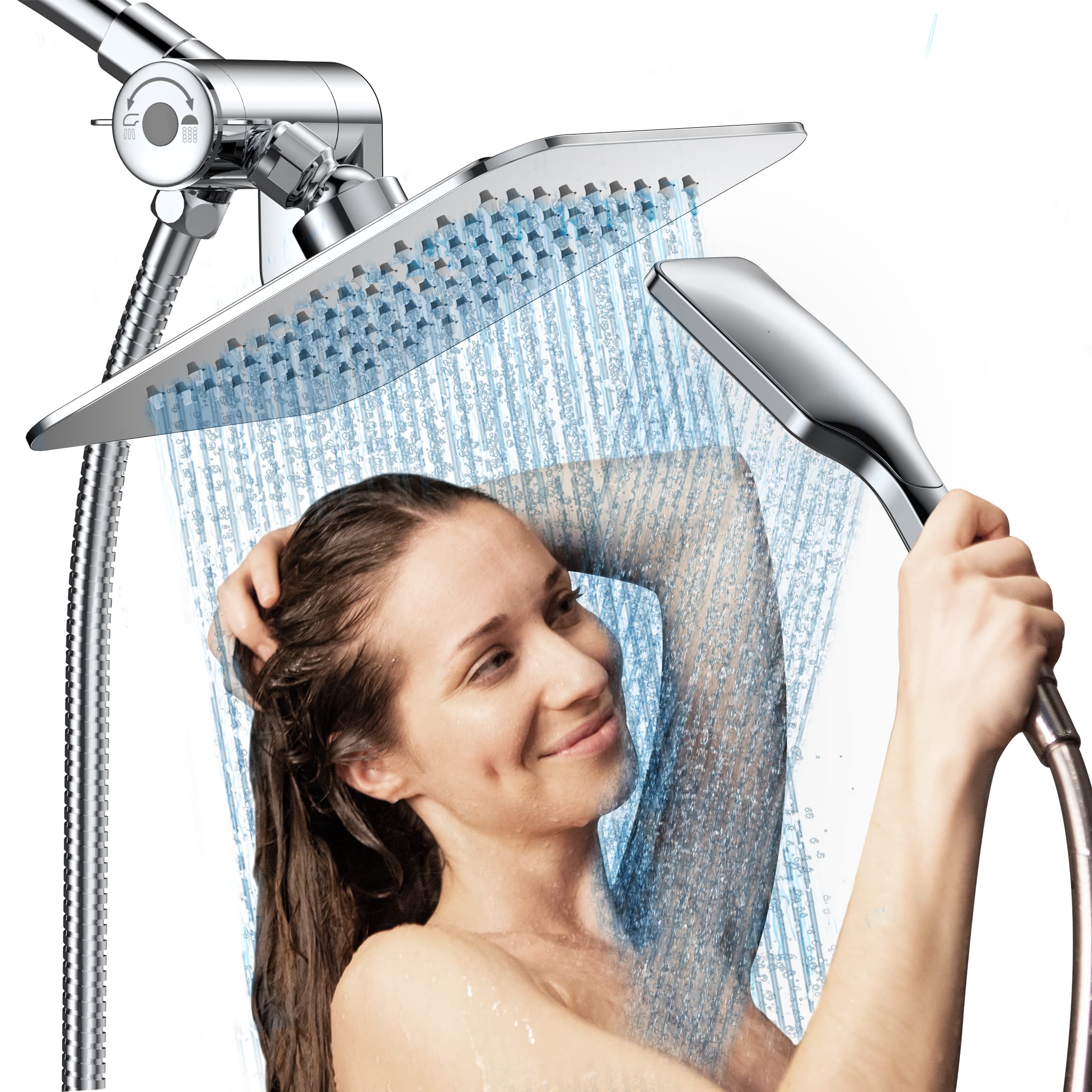 Shawilk Shower Head with Handheld, 6’’ High Pressure Rain shower Head Dual Square Shower Head Combo with 3 Spray Settings, 5ft Shower Hose, Anti-leak & Easy Installation