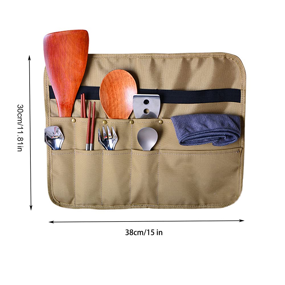 PWPAM Camping Tableware Storage Bag Picnic Cutlery Organizer Bag Cooking Utensils Hanging Bag (Square)