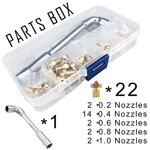 XIFOWE Nozzles 22 pcs 3D Printer Brass Nozzles for V5-V6 3D Printer, 0.2mm, 0.4mm, 0.6mm, 0.8mm, 1.0mm, with DIY Tools and A Ten-Grid Parts Box, Compatible with I3 A8 MK3/MK3S Clone