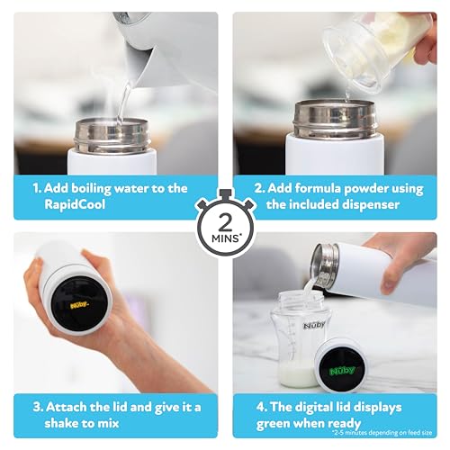 Nuby RapidCool Portable Baby Bottle Maker - BPA-Free Baby Formula Maker - Includes Milk Powder Dispenser and Digital Lid - Ideal for Travel Bottles and Night Feeds - Stainless Steel