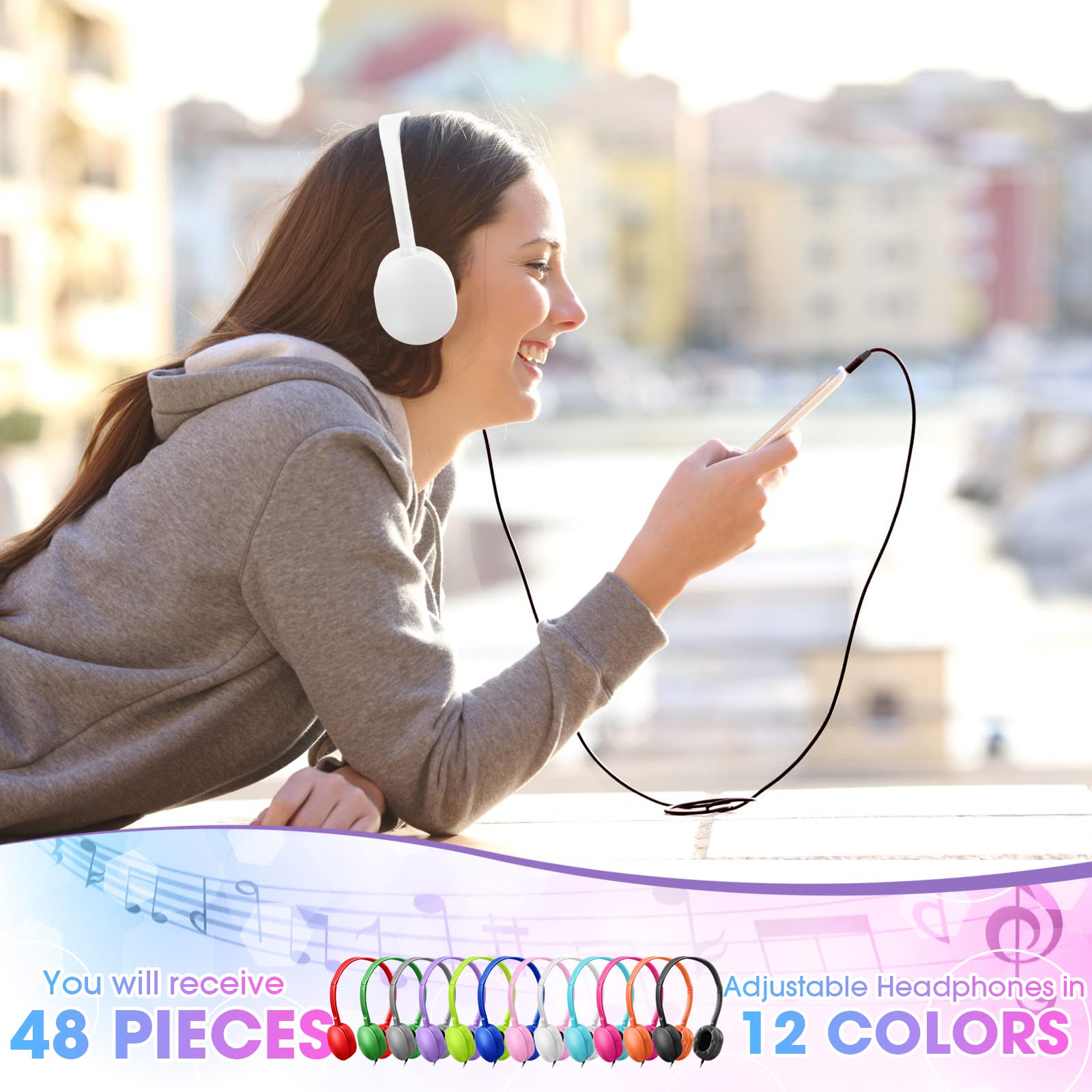 Yunsailing 48 Pack Bulk Headphones for Classroom Multi Color on Ear Headphone Adjustable School Wired Headphone Library Headphone with 3.5 mm Plug for Adults Kids Student Museum Travel Plane Tablet