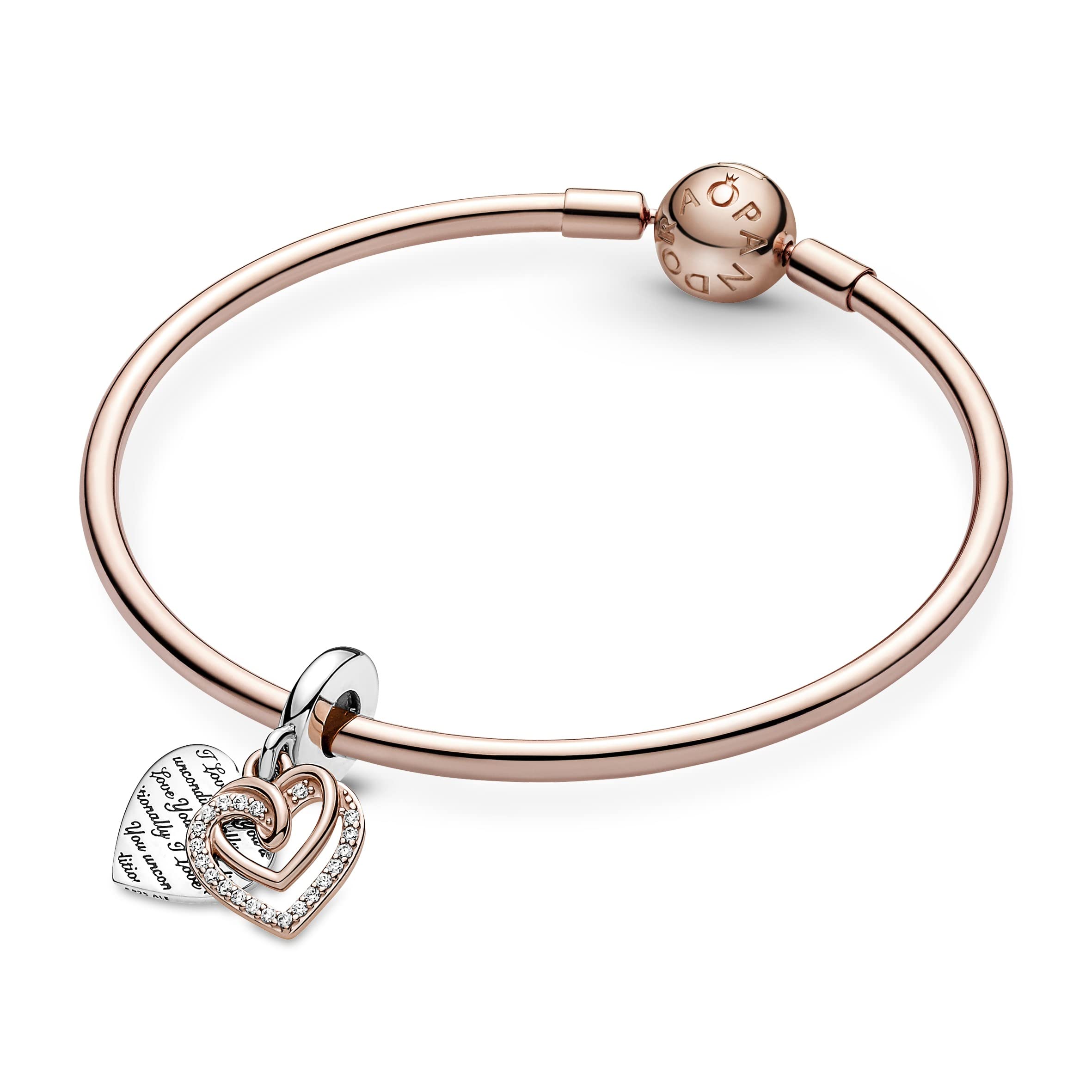 PANDORA Entwined Hearts Double Dangle Charm - Compatible with PANDORA Moments - Made with PANDORA Rose, Sterling Silver & Cubic Zirconia