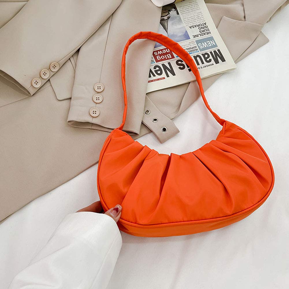Small Shoulder Bags for Women Solid Color Pleated Cloud Underarm Handbag Totes, Orange, 21 x 18 x 5cm