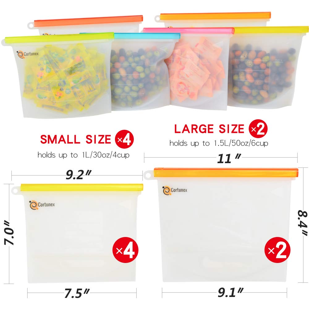 Reusable Silicone Food Storage Bags | 100% Food Grade Silicone Bags | LEAKPROOF, AIRTIGHT | Keep Fruit, Snacks, Veggie, Sandwich FRESH | Set Of 6 Bundle With 6 Reusable Mesh Produce Bags