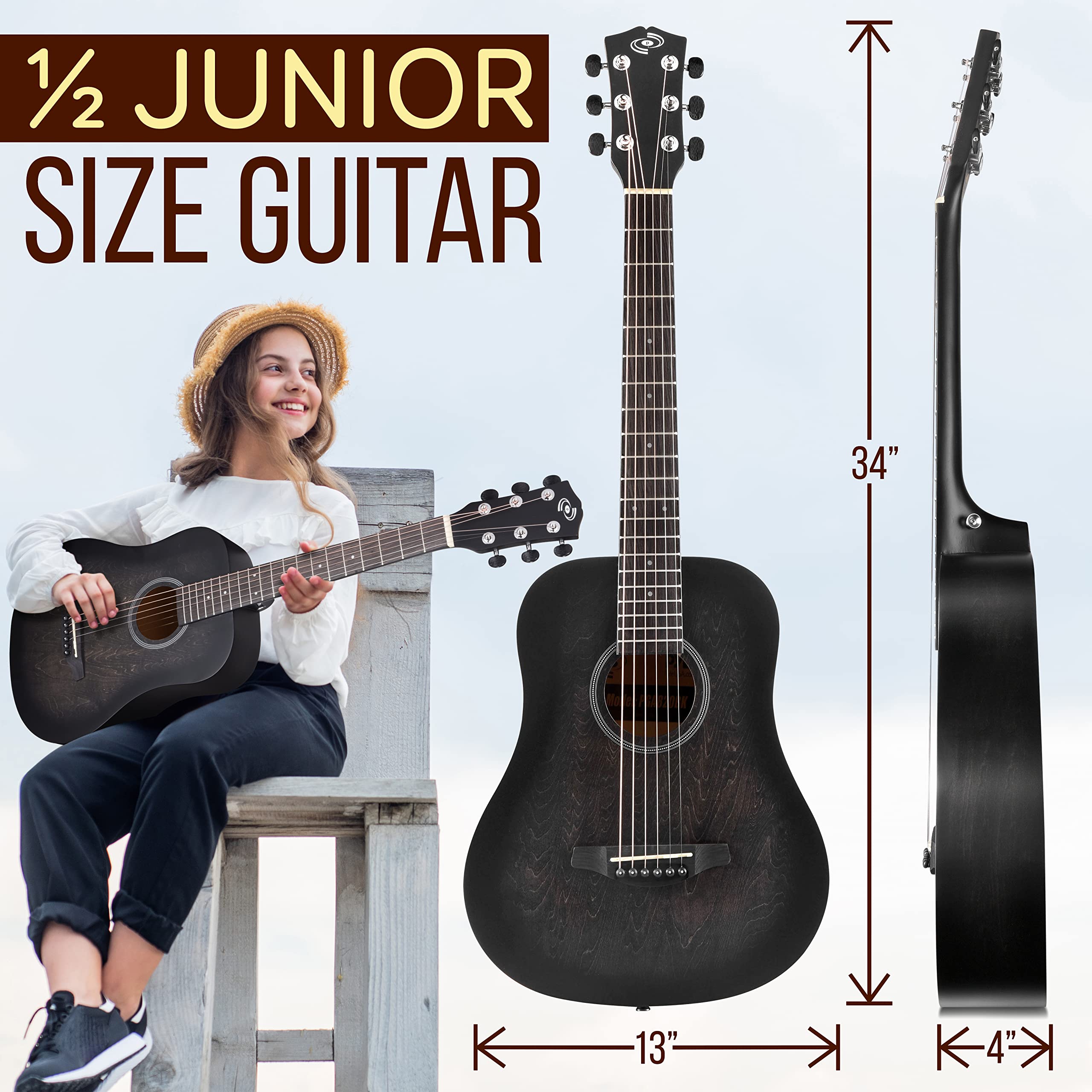 Pyle Acoustic Guitar Kit, 3/4 Junior Size All Wood Steel String Instrument for Beginner Kids, Adults, 36" Deep Ruby Mauve