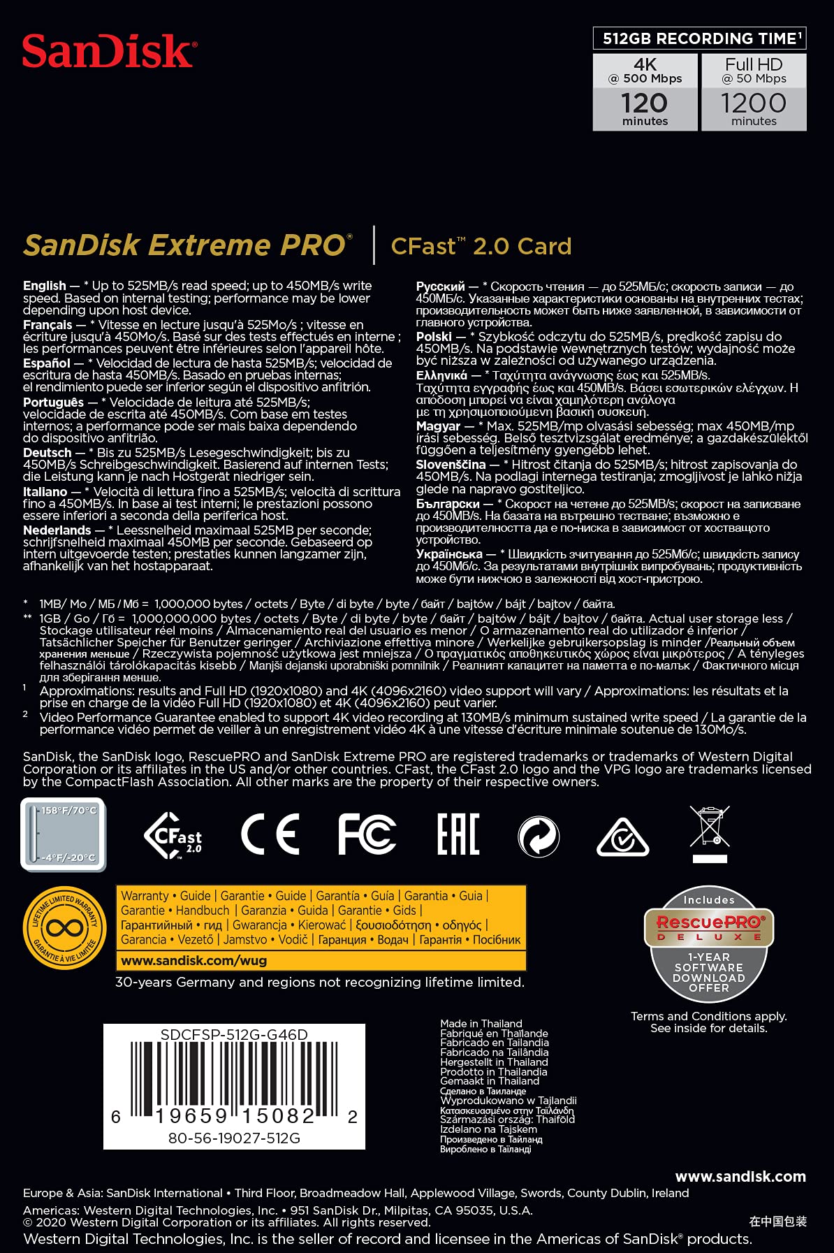 SanDisk 512GB Extreme PRO CFast 2.0 Memory Card - SDCFSP-512G-G46D
