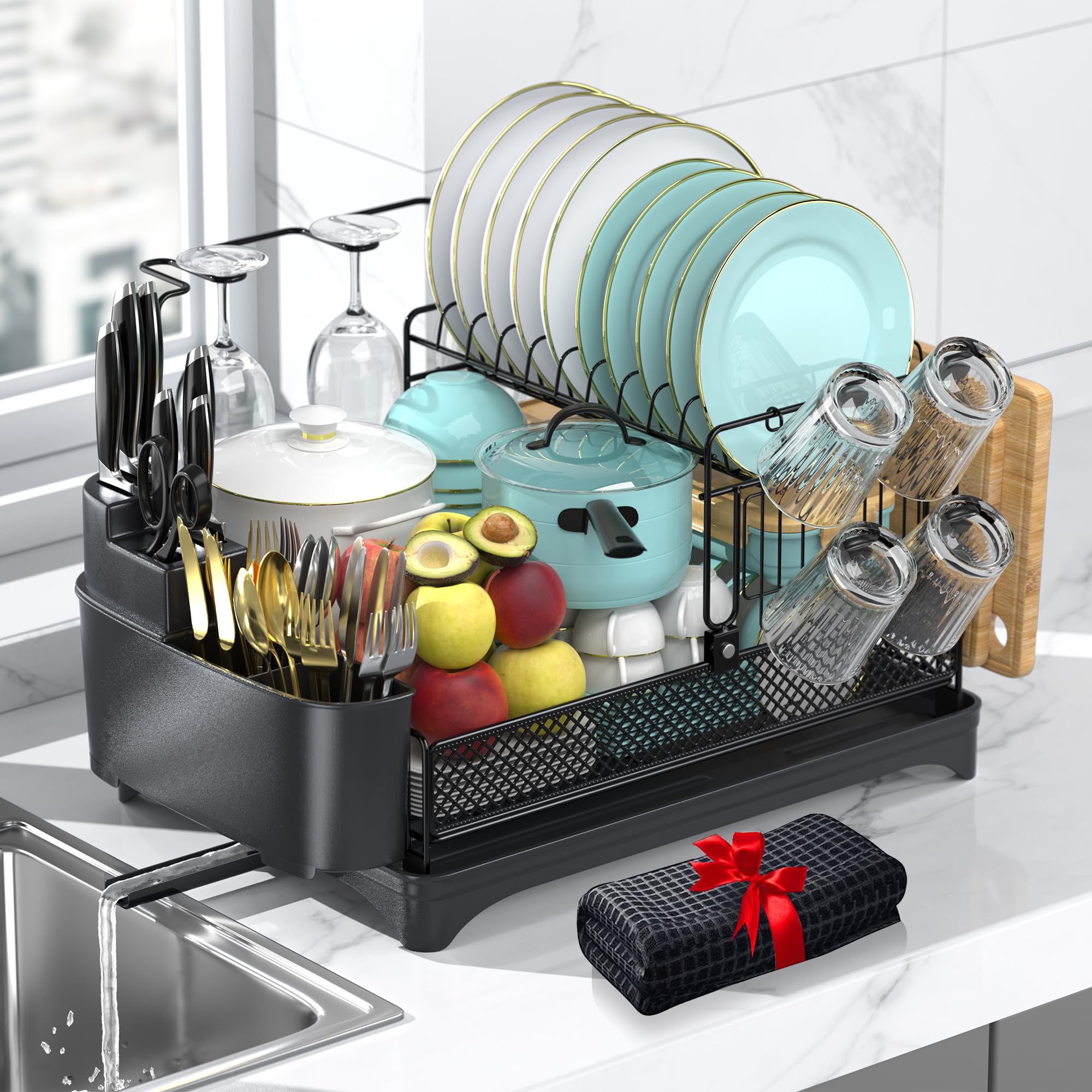 Lvtrupc Dish Drying Rack - Large-Capacity Dish Rack for Kitchen Counter, Stainless Steel Dish Drainer, 2-Tier Kitchen Dish Drying Rack for Dishes, Cutlery and Wine Glasses with Extra Dryer Mat