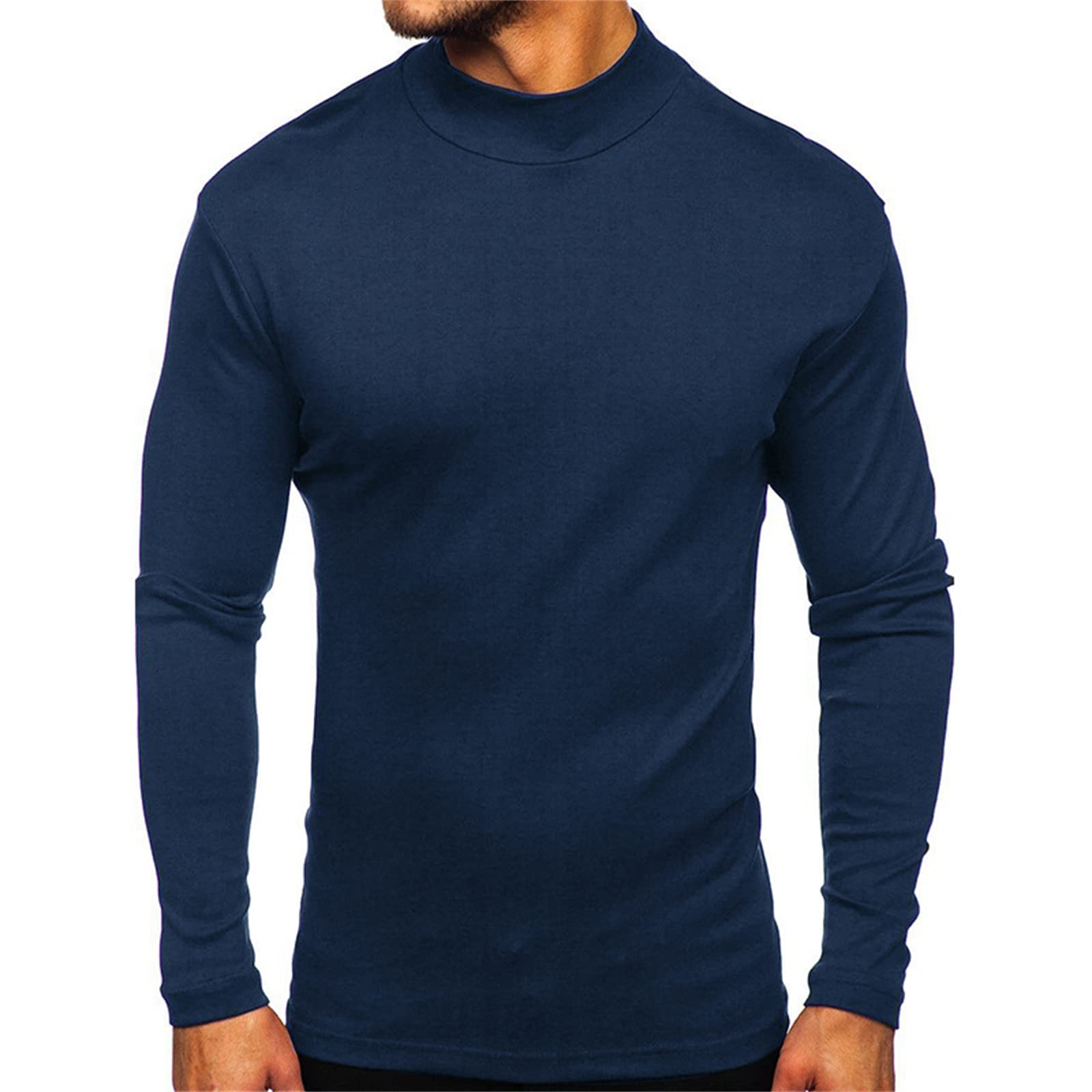 PICKLION Mens Casual Turtleneck Long Sleeve Undershirt Slim Fit Pullover Basic T-Shirts Navy Blue