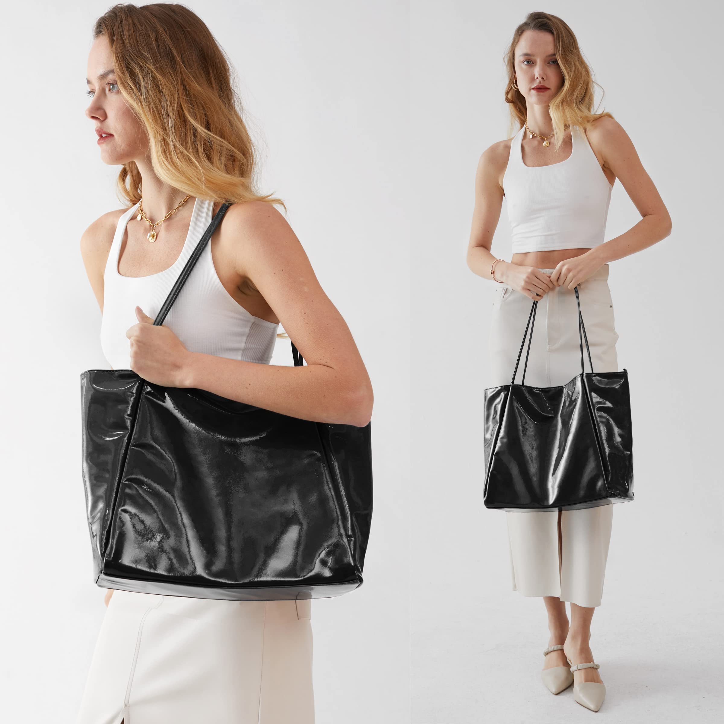 Shiny Patent Faux Leather Tote Glossy Shoulder Handbag for Women Convertible Purse (Nude)