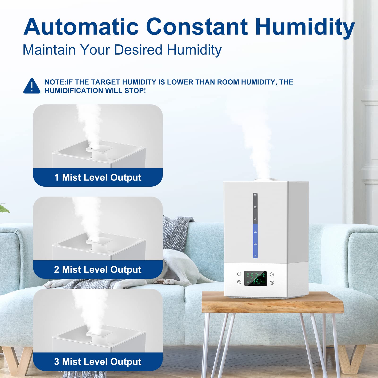 WOAEDMBY 6L Humidifiers for Bedroom Large Room, Cool Mist Humidifiers for Baby Nursery Plants with Essential Oils Diffuser, 360°Rotatable Double Spray Outlet Nozzle, Auto-Shut Off,Sleep Mode