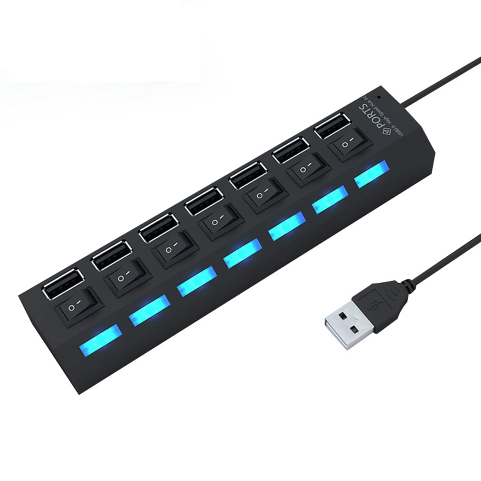 USB Splitter Multi Port USB 2.0 Hub, 7 Port with Independent On/Off Switch and LED Indicators USB A Port Data Hub, Suitable for PC Computer Keyboard Laptop Mobile HDD, Flash Drive Camera Etc