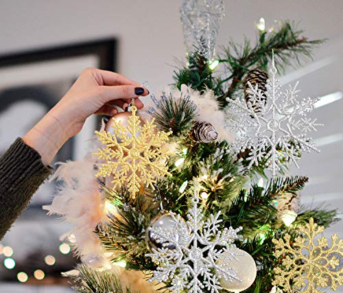 Lvydec 36pcs Christmas Glitter Snowflake Ornaments, Plastic Snowflakes Christmas Tree Decorations for Winter Holiday Party Decor, 4 Inch, Gold