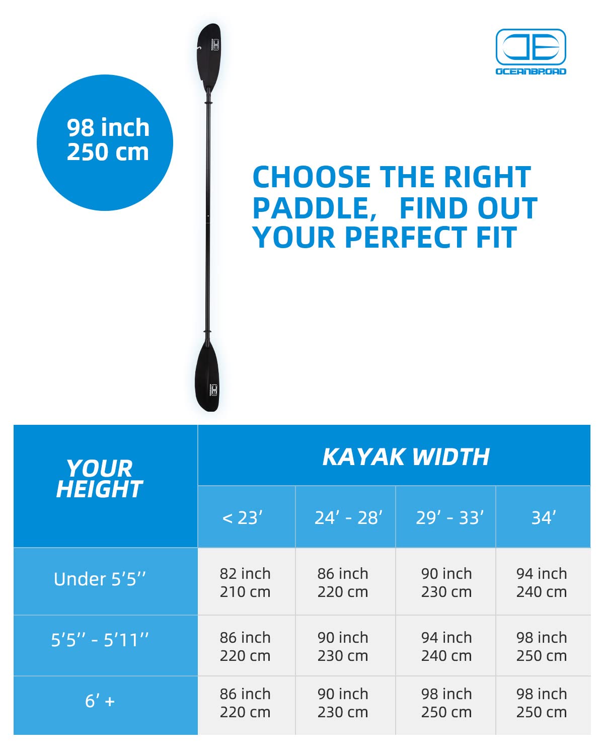 OCEANBROAD 98 Inch / 250CM Fishing Kayak Paddle Alloy Shaft Kayaking Oar with Paddle Leash
