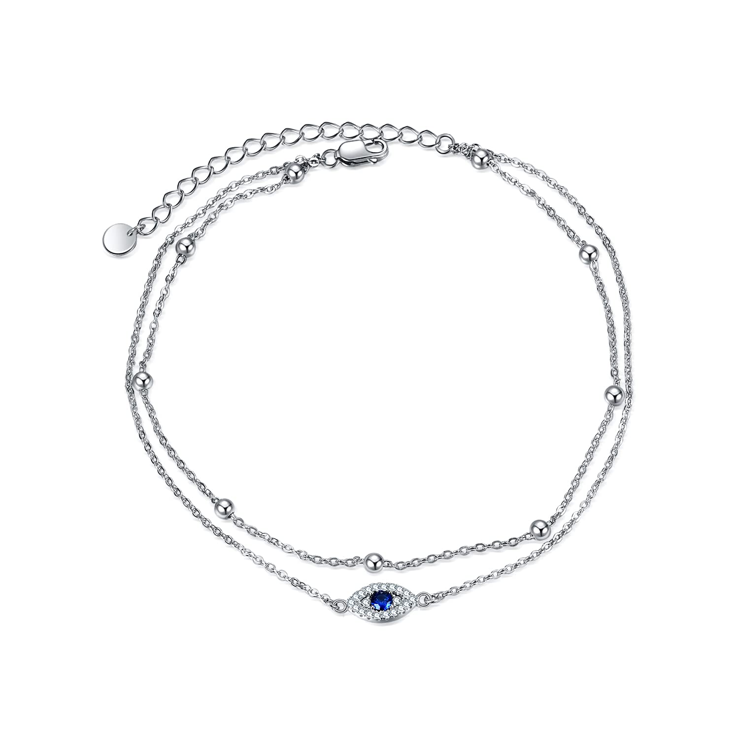 POPLYKE 925 Sterling Silver Evil Eye Anklets Double Layered chain for Women birthday gifts Summer Beach dainty Jewellery