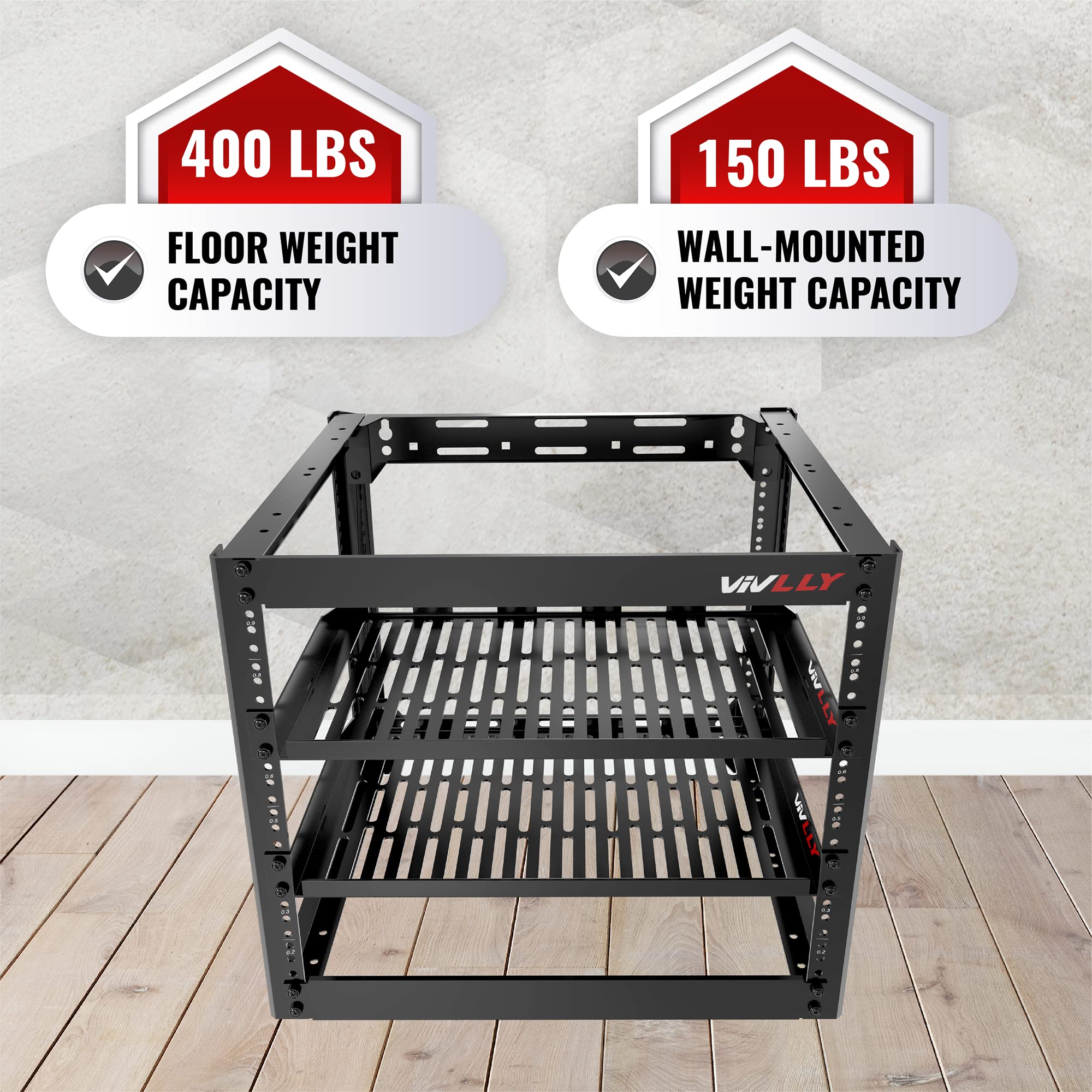Vivlly Open Frame 10U Rack for Networking, Servers, Audio, and Video Equipment, Heavy Duty 1U Vented Shelves, Wall Mounted Hardware or Floor Standing Support