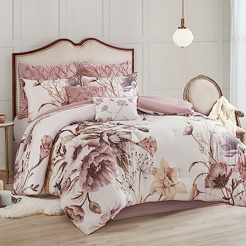 Madison Park Cassandra Cotton Blend Comforter Set - Feminine Design Colorful Floral Print, All Season Down Alternative Bedding Layer and Matching Shams, California King, Blush 8 Piece