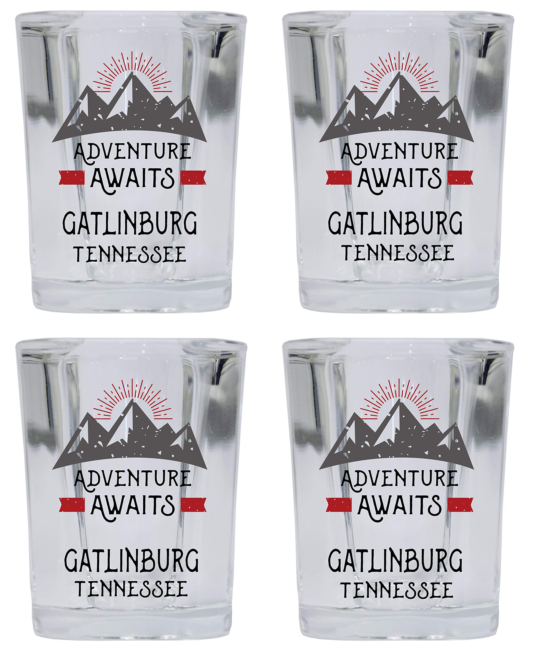 R and R Imports Gatlinburg Tennessee Souvenir 2 Ounce Square Base Liquor Shot Glass Adventure Awaits Design 4-Pack