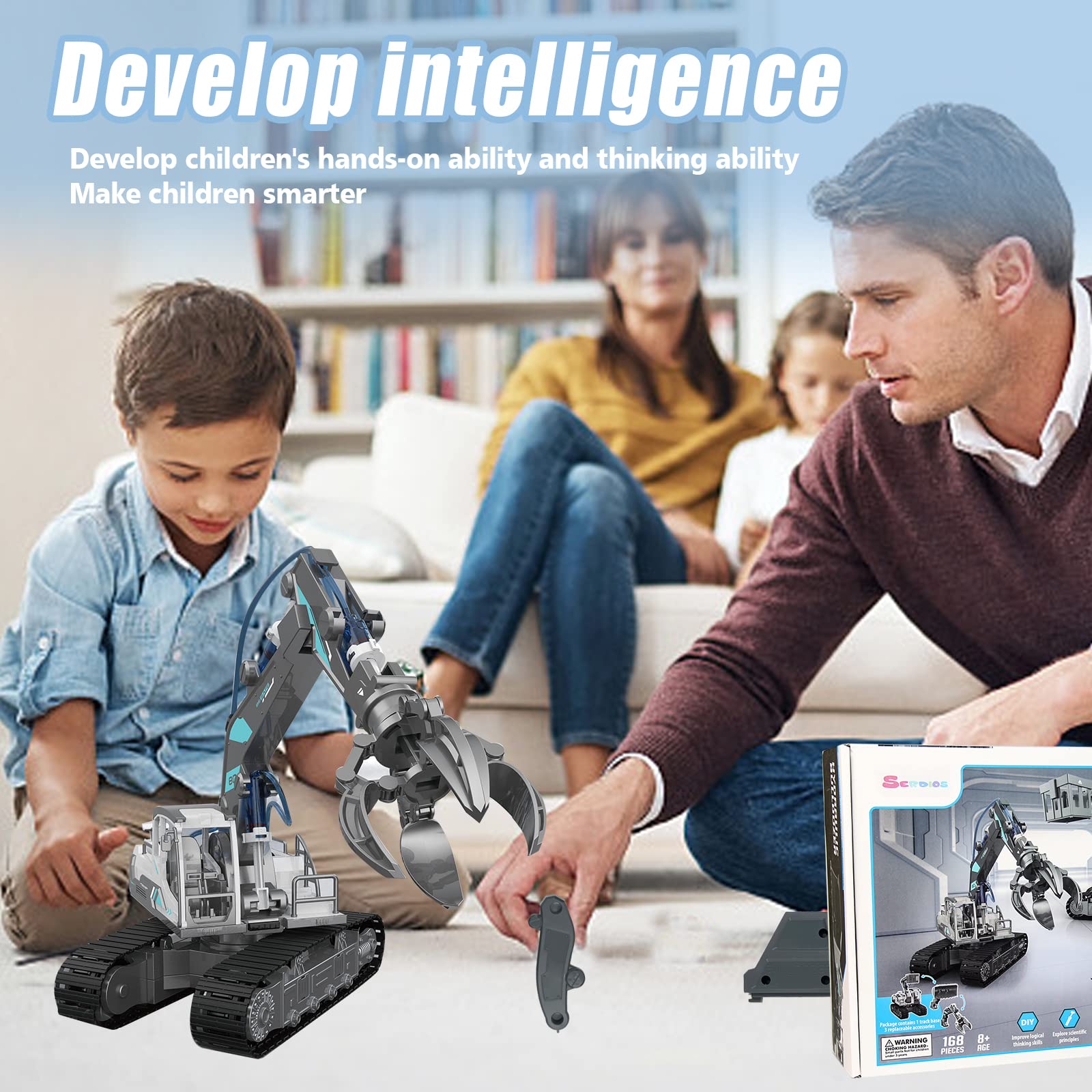 STEM Building Hydraulic Construction Vehicles Toys,Kids Engineering Truck Set with Excavator, Crane, Wood Loader with 3 Interchangeable Parts,Hydraulic Excavator Toys for Boys Age 8-12