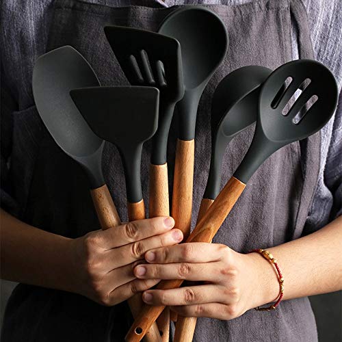 LMMDP Wooden Silicone Kitchenware Cooking Sets Soup Spoon Spatula Non-stick Shovel With Wooden Handle Special Heat-resistant Design