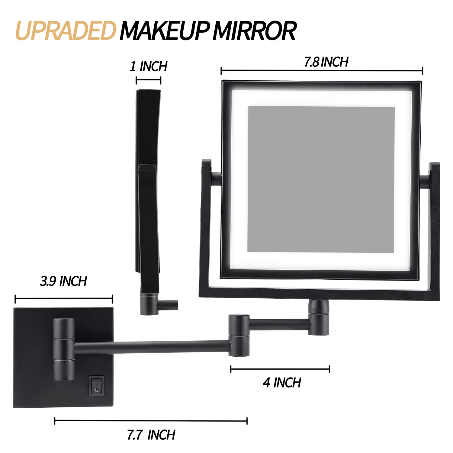 Wall Mounted Lighted Makeup Mirror, 8 Inch 1X/3X Magnifying Vanity Mirror, Double Sided Bathroom Mirror with LED Lights, 360°Swivel, Extend, Retractable Shaving Light up Mirror (Black)