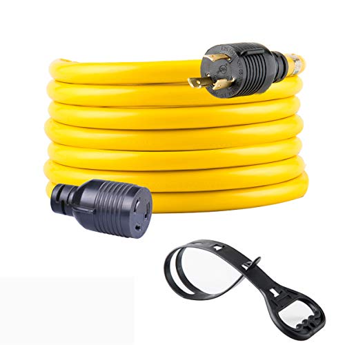 Yodotek 25FT Heavy Duty 3 Prong Generator Locking Power Cord NEMA L5-30P/L5-30R,10 Gauge SJTW Cable, 125V 30Amp Yellow Generator Lock Extension Cord with UL Listed