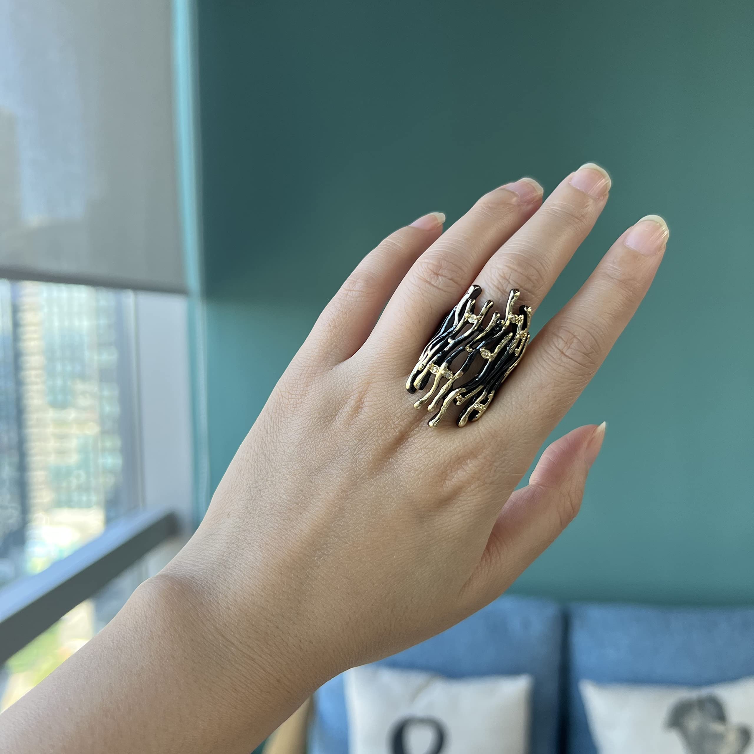 Mytys Branch Shape Statement Rings for Women Black & Gold Wide Band Cocktail Ring Size 7