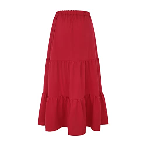 Tenworld Trendy Elastic Swing with Pockets Women's Boho Summer A Line Tiered Beach Pleated Flowy Dress Long Waist Skirt