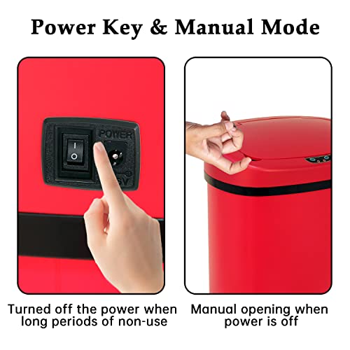 Trash Can 50 L Large Capacity Garbage Can with Lid 13 Gallon Touchless Stainless Steel Rubbish Can for Kitchen Bedroom (RED)