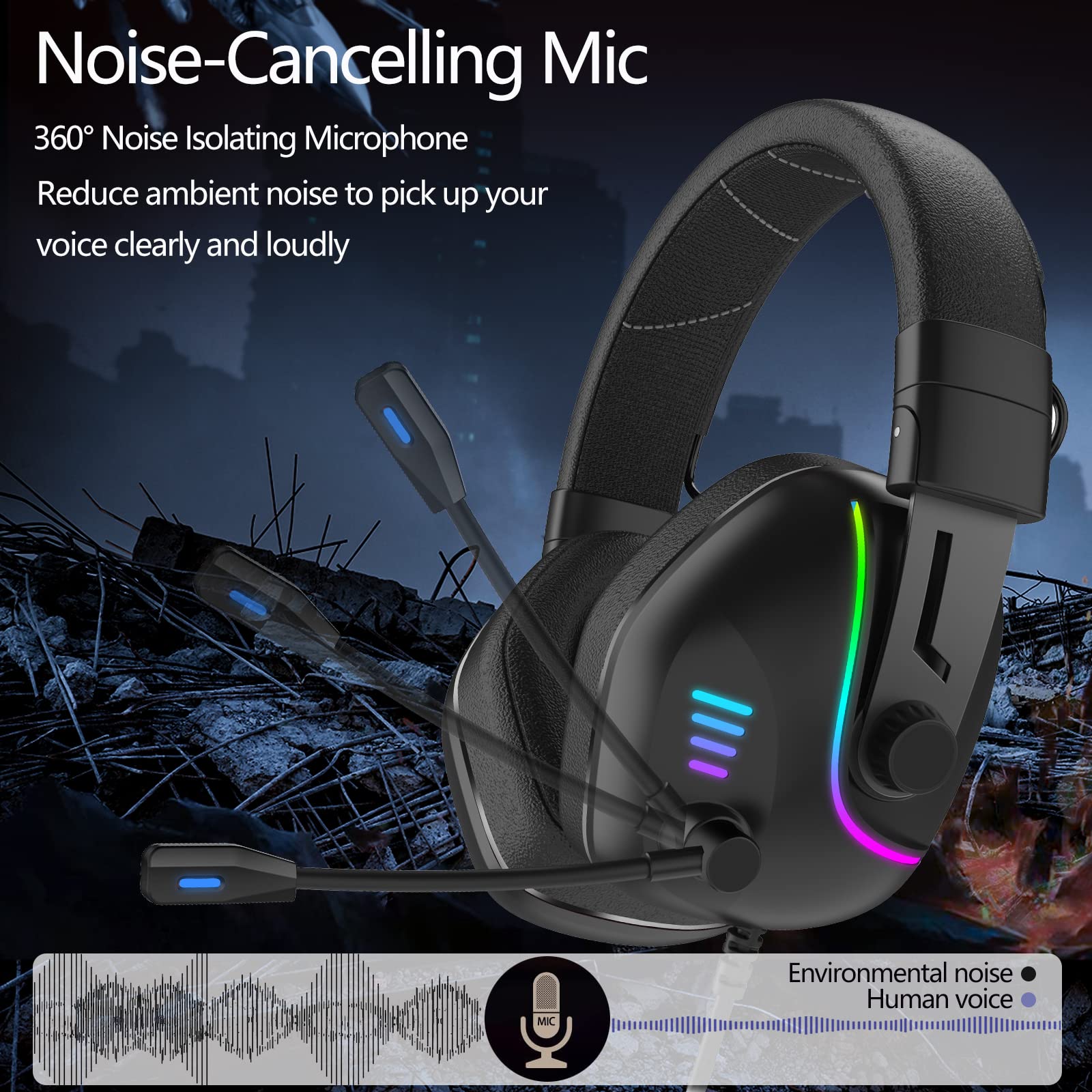 Stereo Gaming Headset with Noise Cancelling Microphone Over Ear Headphones, LED Light, Bass Surround, Soft Memory Earmuffs Portable Foldable -for PC, PS4, PS5, Xbox One, Switch (Black)