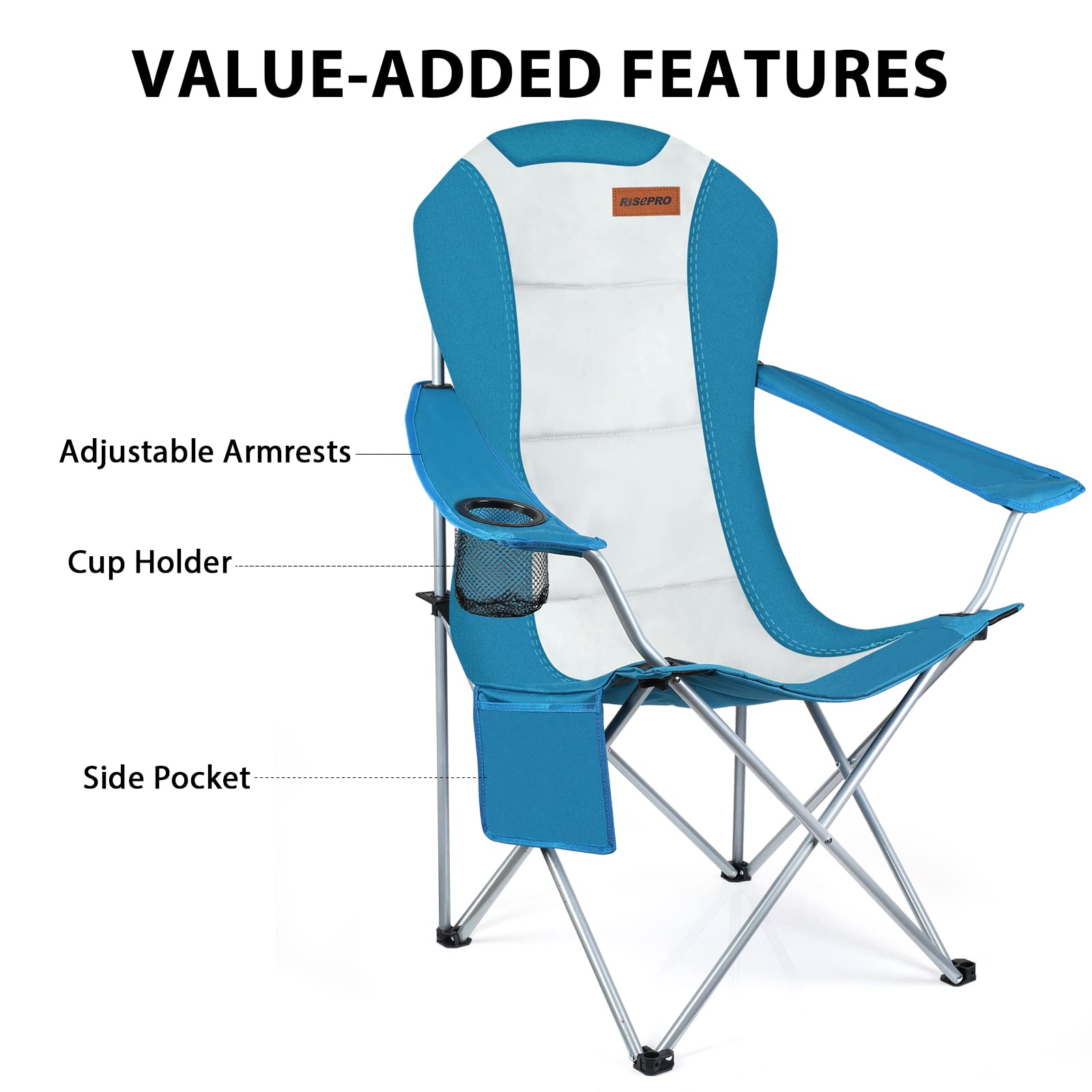 RISEPRO Oversized Camping Folding Chair Heavy Duty Support 265 LBS Heavy Duty Steel Frame Arm Chair with Cup Holder Fully Padded Back Chair Portable for Outdoor DC