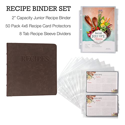 Samsill 2" Junior Recipe Binder Set, Complete with 50 Pack 4" x 6" Recipe Card Sleeves, and 8 Custom Dividers, Faux Brown Leather