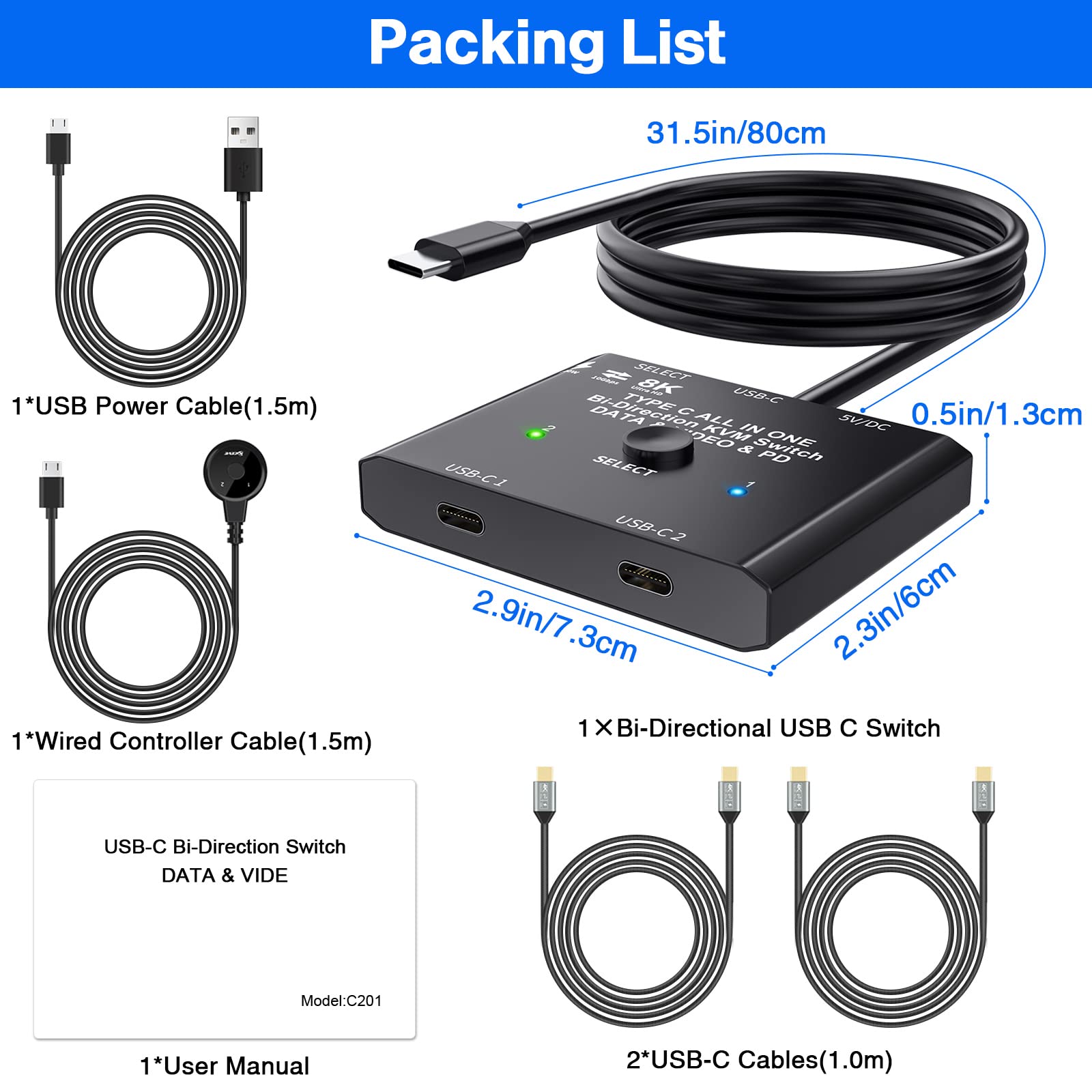 USB-C Switch,Bi-Directional USB C Switcher 2 in 1 Out/1 in 2 Out Type C KVM Switch Supports 8K@60Hz,4K@120Hz Video / 10Gbps Data Transfer/ 100w Power Delivery Compatible with Thunderbolt Device