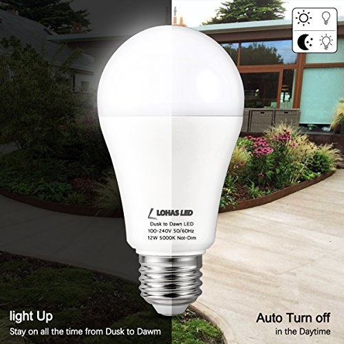 LOHAS Dusk to Dawn LED Outdoor Lighting, 12W(100Watt Equivalent) Smart Sensor Light Bulbs Daylight 5000K, A19 LED Bulb E26 Automatic On/Off Security Yard Lights, Perfect for Porch Garage Patio, 2 Pack