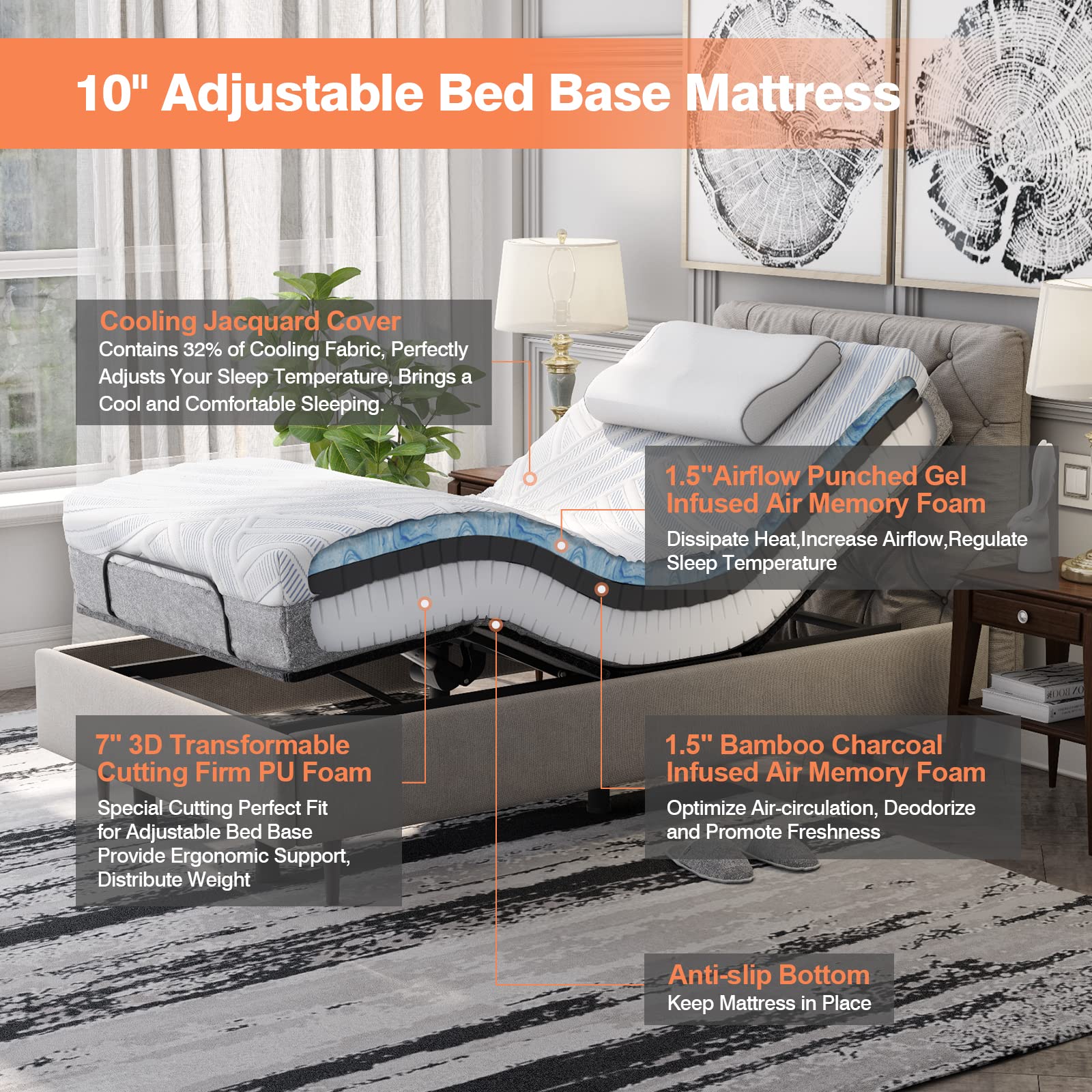 KOMFOTT 10 Inch Adjustable Bed Mattress Twin XL, 3D Transformable Cutting Mattress with Copper Gel Infused Air Memory Foam & Bamboo Charcoal Memory Foam, Mattress in a Box with CertiPUR-US Certified