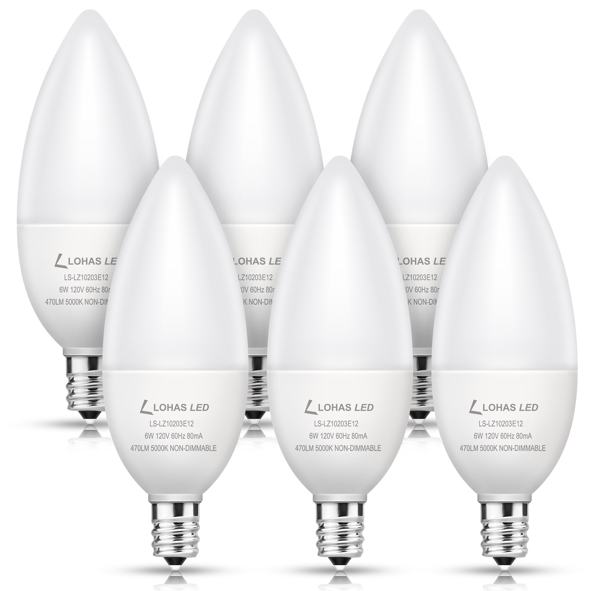 LOHAS E12 LED Candelabra Light Bulbs 60 Watt Equivalent, B10 Chandelier Candle Bulbs 5000K Daylight White, 6W Type B Ceiling Fan Bulbs 470LM, Non-Dimmable, 6 Packs