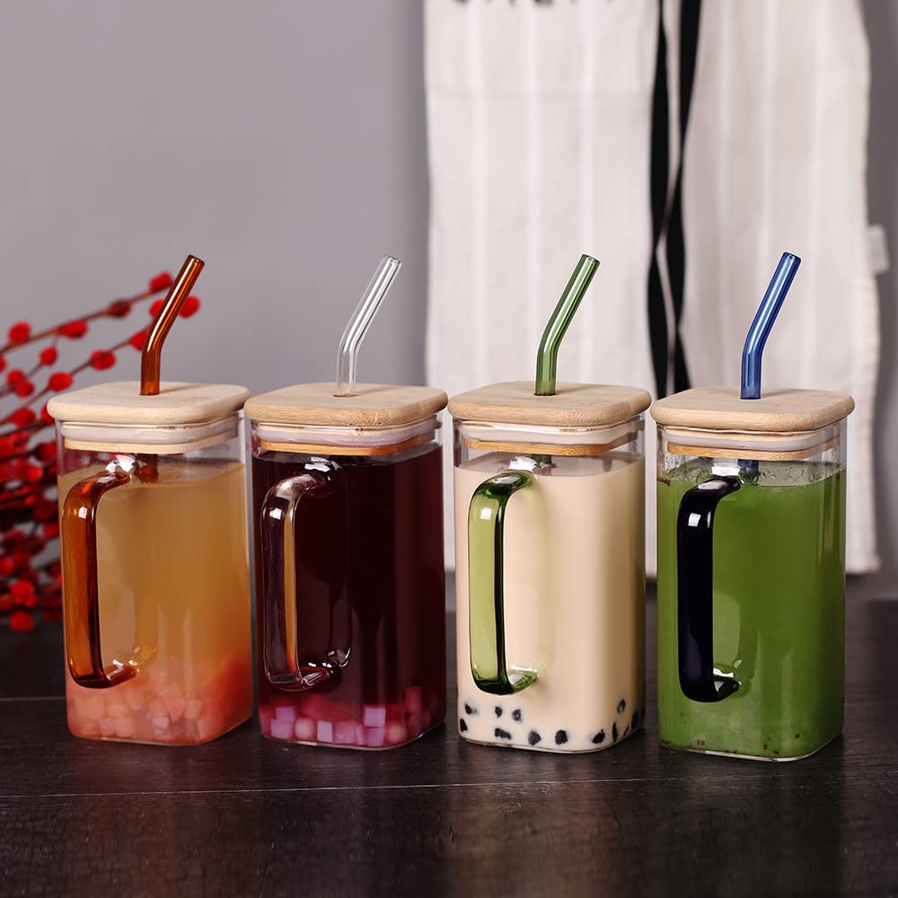 SAIOOL Glass Cups Set 4 Pack - 17oz Wide Mouth Mason Jar Drinking Glasses with Bamboo Lids & Straws and Square Color Handle Cup ,Beer, Iced Coffee, Ideal for Cocktail, Whiskey, Gift